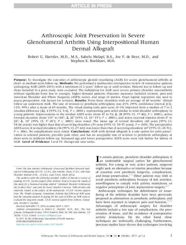 (PDF) Arthroscopic Joint Preservation in Severe Glenohumeral Arthritis ...
