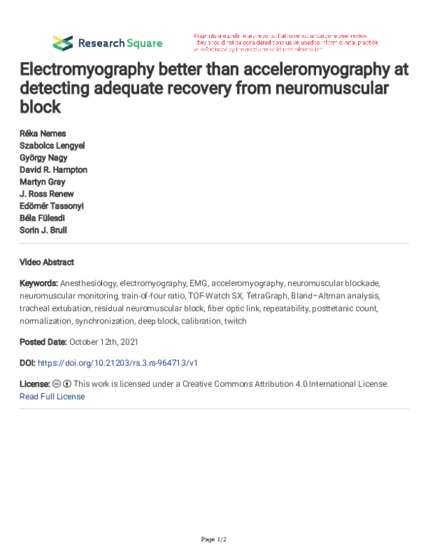 (PDF) Electromyography better than acceleromyography at detecting ...