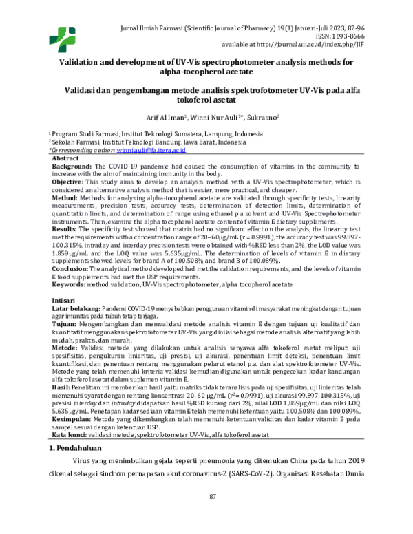 (PDF) Validation and development of UV-Vis spectrophotometer analysis methods for alpha ...