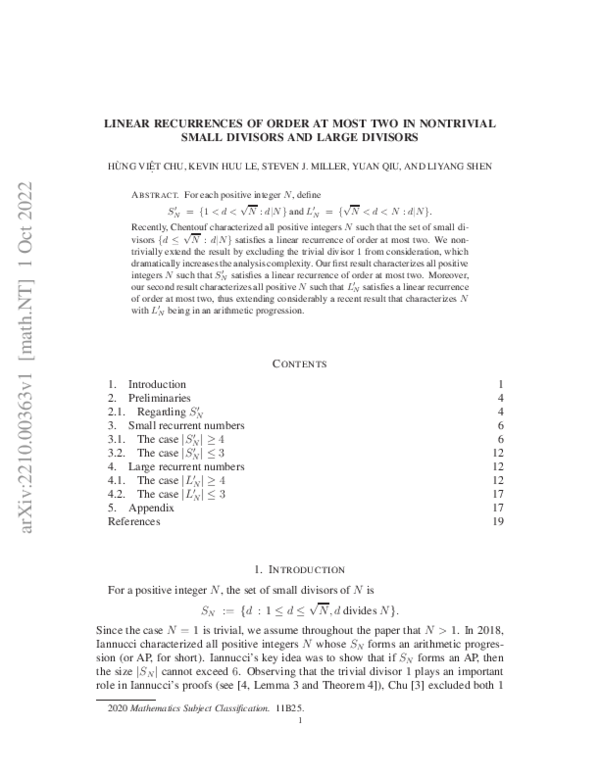 (PDF) Linear recurrences of order at most two in nontrivial small ...