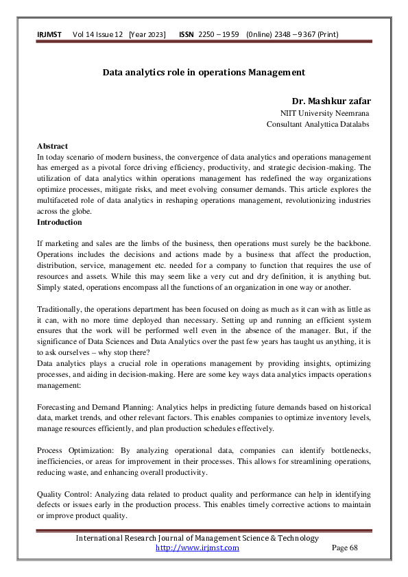 (PDF) Data analytics role in operations Management