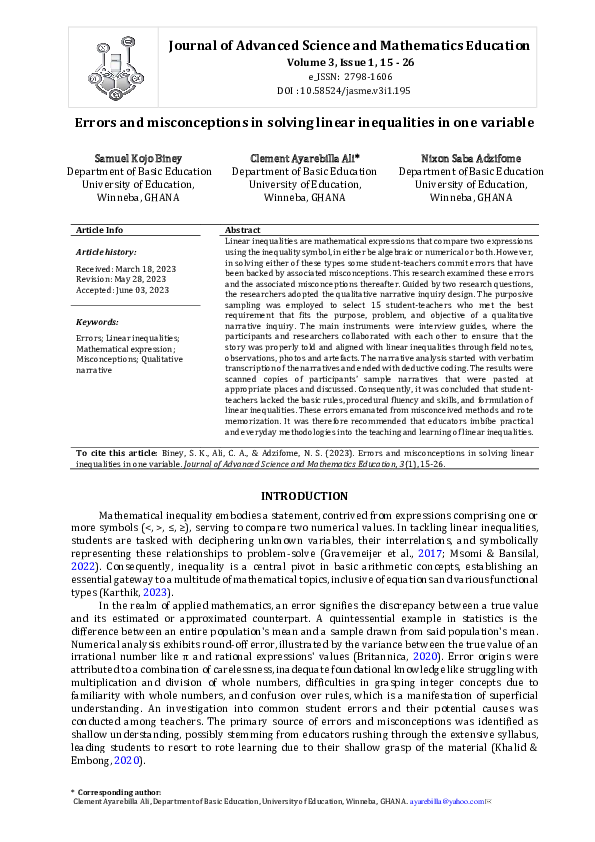 (PDF) Errors and misconceptions in solving linear inequalities in one variable