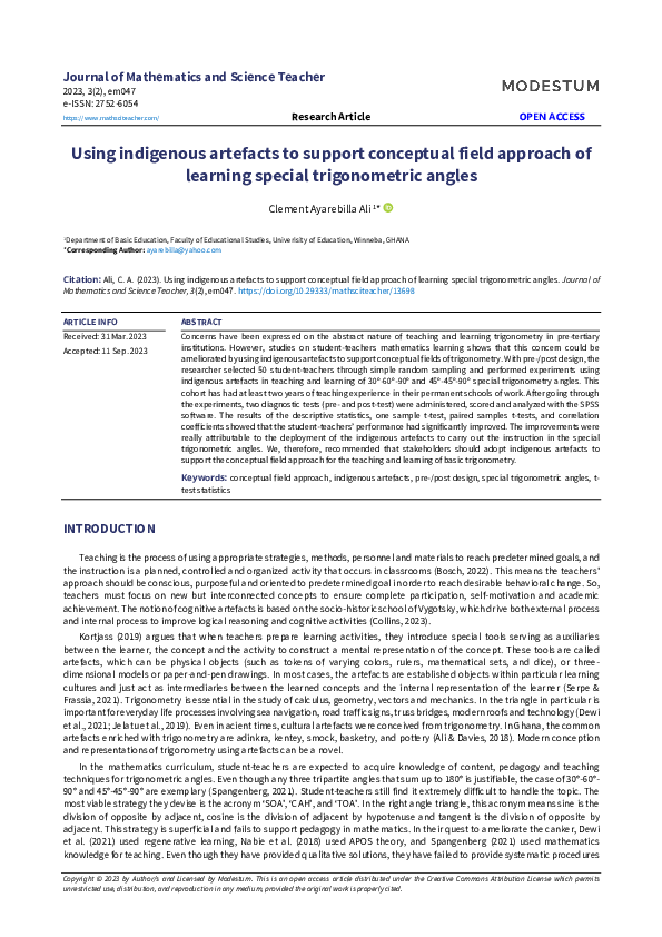 (PDF) Indigenous Artefacts Enhancing Trigonometry Learning Outcomes