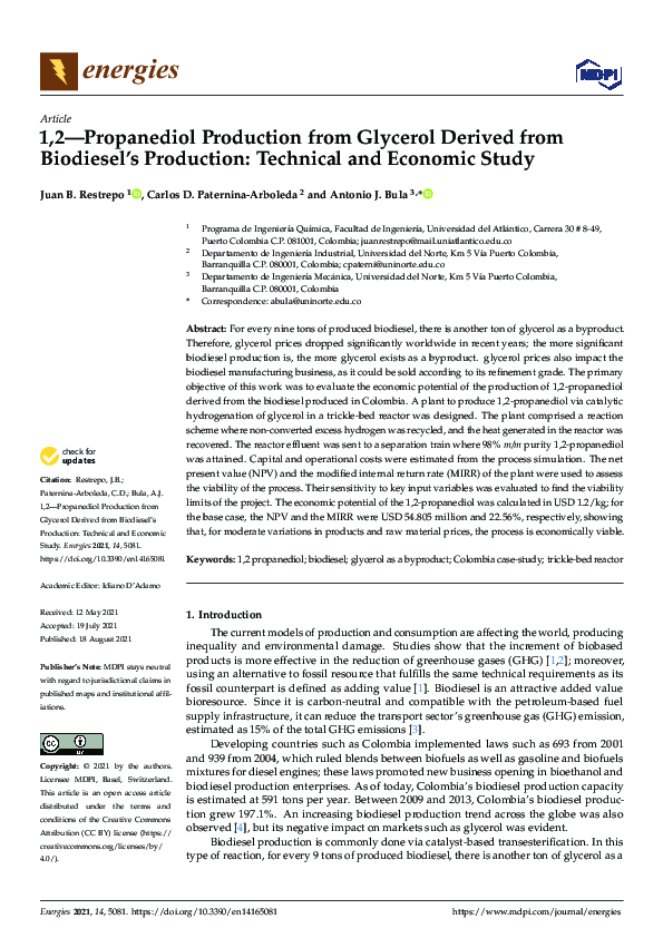 (PDF) 1,2—Propanediol Production from Glycerol Derived from Biodiesel’s ...