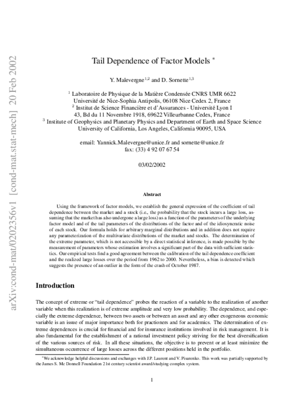 (PDF) Tail Dependence of Factor Models