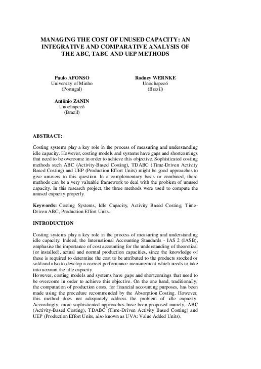 (PDF) Managing the cost of unused capacity: An integrative and ...