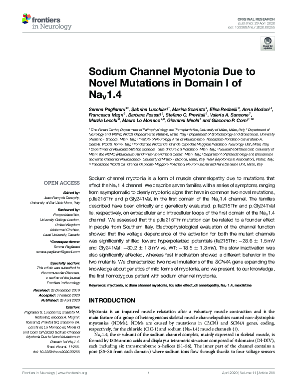 (PDF) Sodium Channel Myotonia Due to Novel Mutations in Domain I of Nav1.4