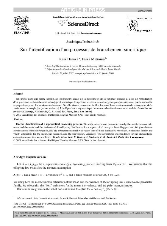 (PDF) Sur l'identification d'un processus de branchement surcritique