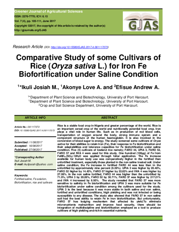 (PDF) Iron Biofortification of Rice Cultivars Under Salinity Stress