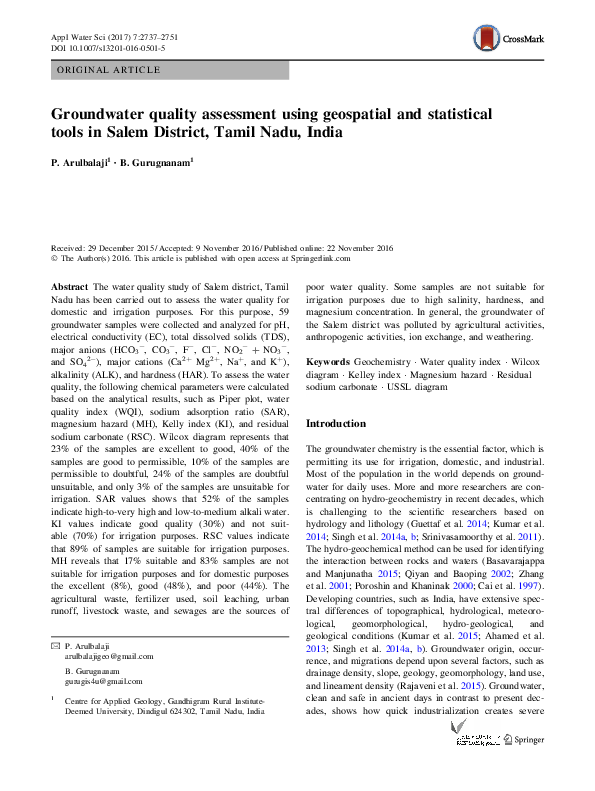 (PDF) Groundwater quality assessment using geospatial and statistical tools in Salem District ...