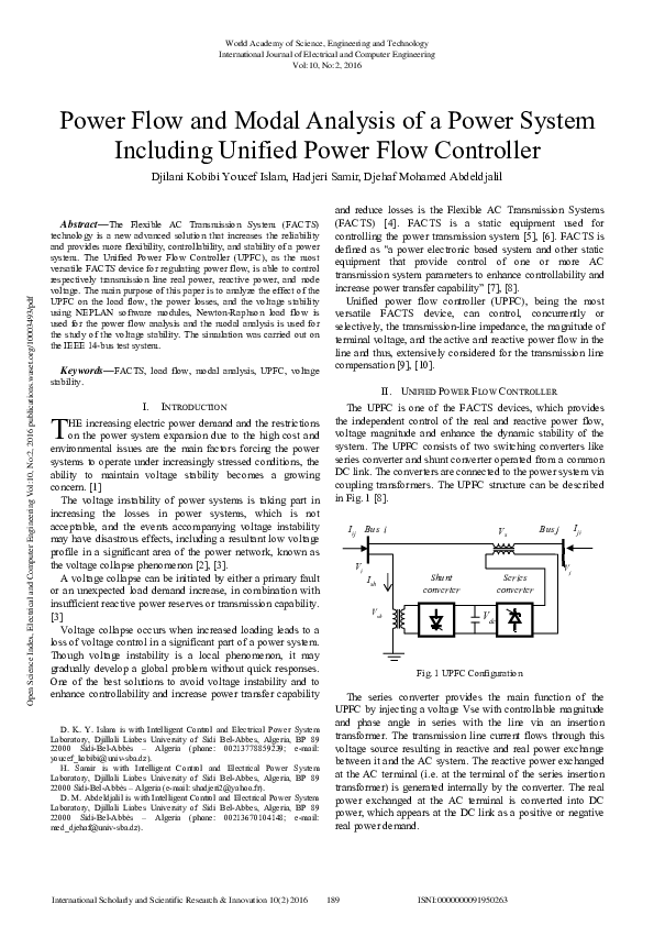 (PDF) Power Flow and Modal Analysis of a Power System Including Unified Power Flow Controller