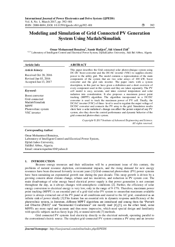 Pdf Modeling And Simulation Of Grid Connected Pv Generation System Using Matlabsimulink