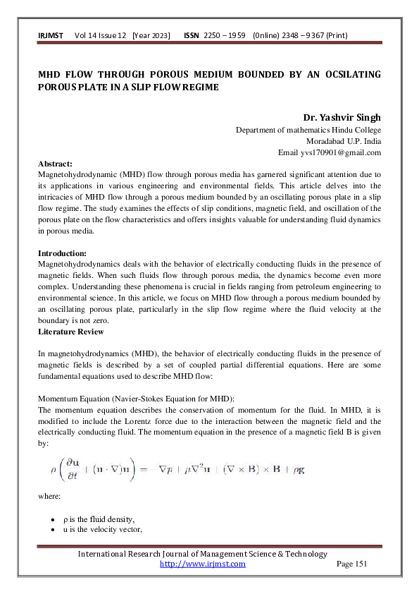(PDF) MHD FLOW THROUGH POROUS MEDIUM BOUNDED BY AN OCSILATING POROUS ...