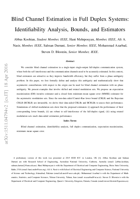 (PDF) Blind Channel Estimation in Full Duplex Systems: Identifiability Analysis, Bounds, and ...