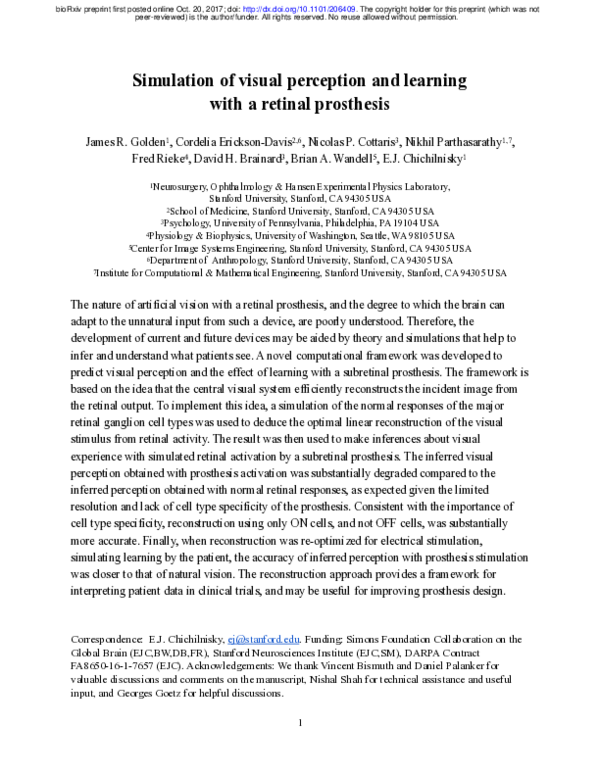 (PDF) Simulation of visual perception and learning with a retinal prosthesis