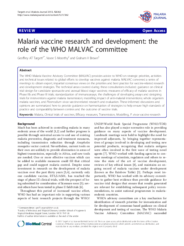 (PDF) Malaria vaccine research and development: the role of the WHO ...