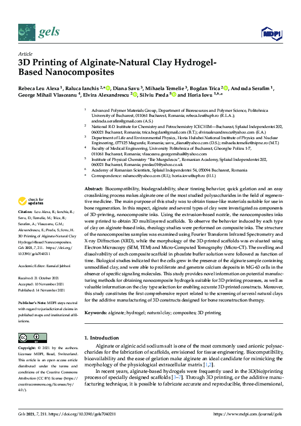 (PDF) 3D Printing of Alginate-Natural Clay Hydrogel-Based Nanocomposites