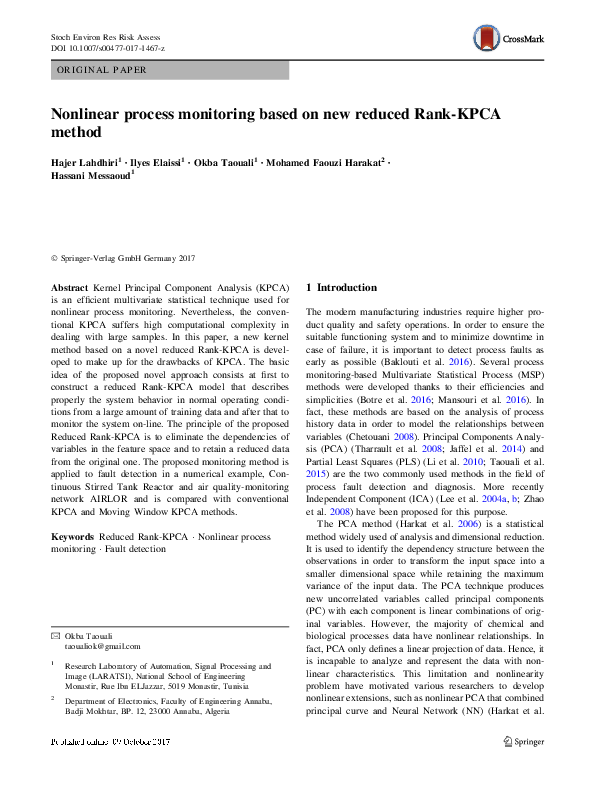 (PDF) Nonlinear process monitoring based on new reduced Rank-KPCA method
