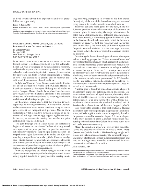 (PDF) Informed Consent, Proxy Consent, and Catholic Bioethics: For the ...