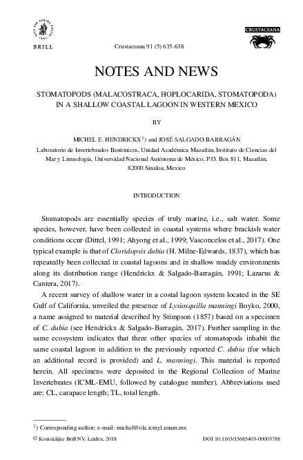 (PDF) Stomatopods (Malacostraca, Hoplocarida, Stomatopoda) in a shallow ...