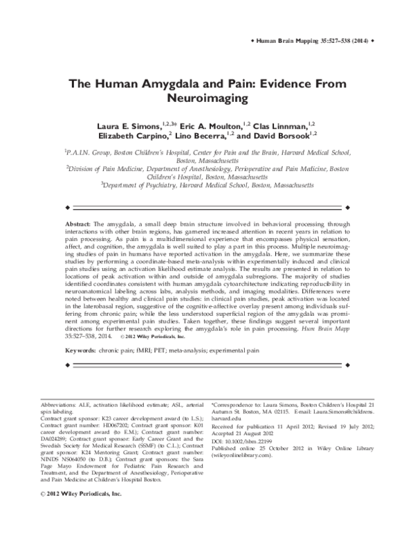 (PDF) The human amygdala and pain: Evidence from neuroimaging