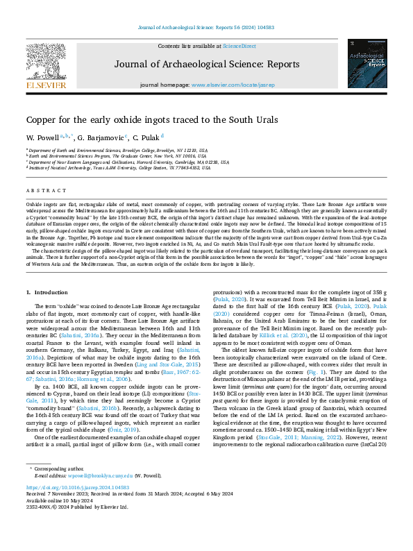 (PDF) Copper for the early oxhide ingots traced to the South Urals