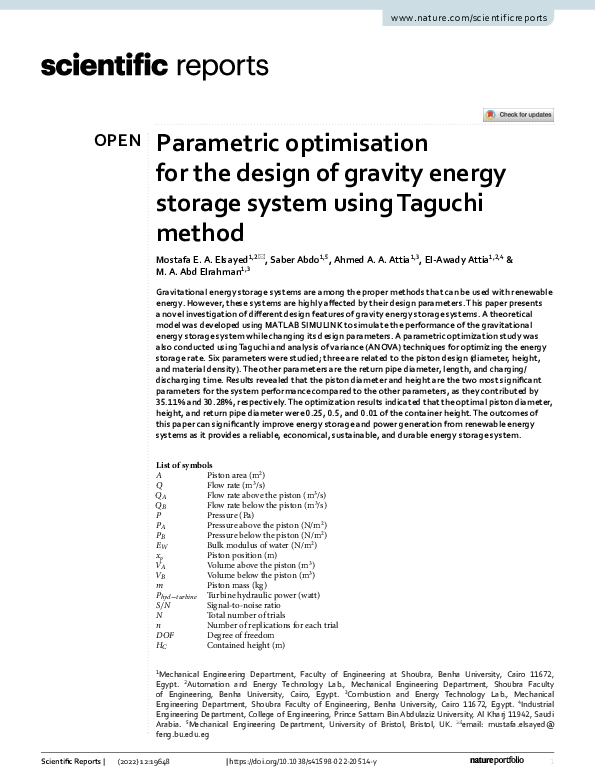 (PDF) Parametric optimisation for the design of gravity energy storage system using Taguchi method