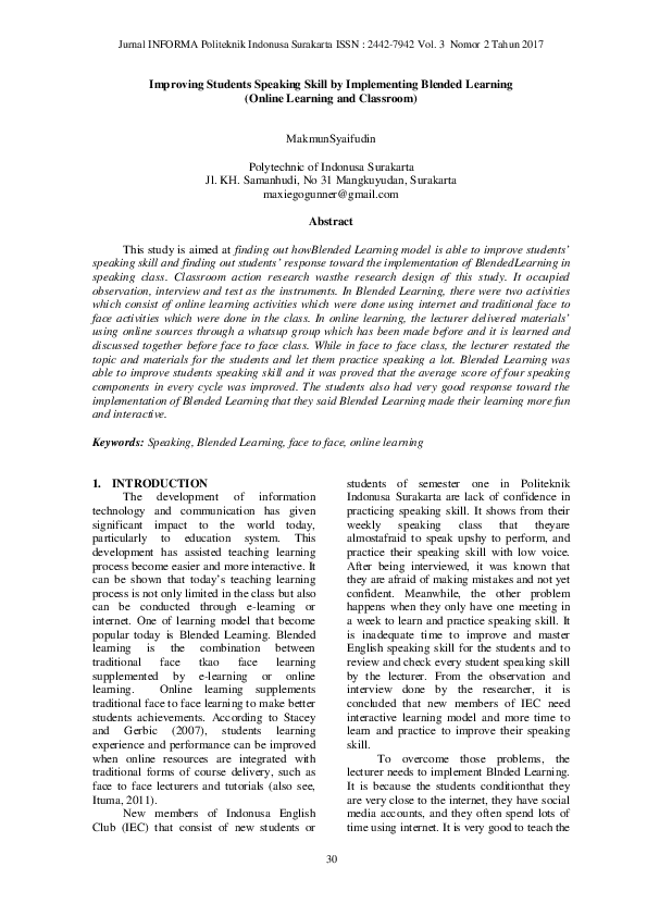 (PDF) Improving Students Speaking Skill by Implementing Blended Learning (Online Learning and ...