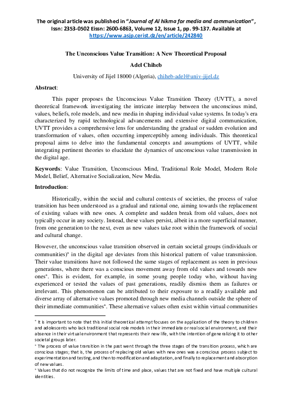 (PDF) The Unconscious Value Transition: A New Theoretical Proposal