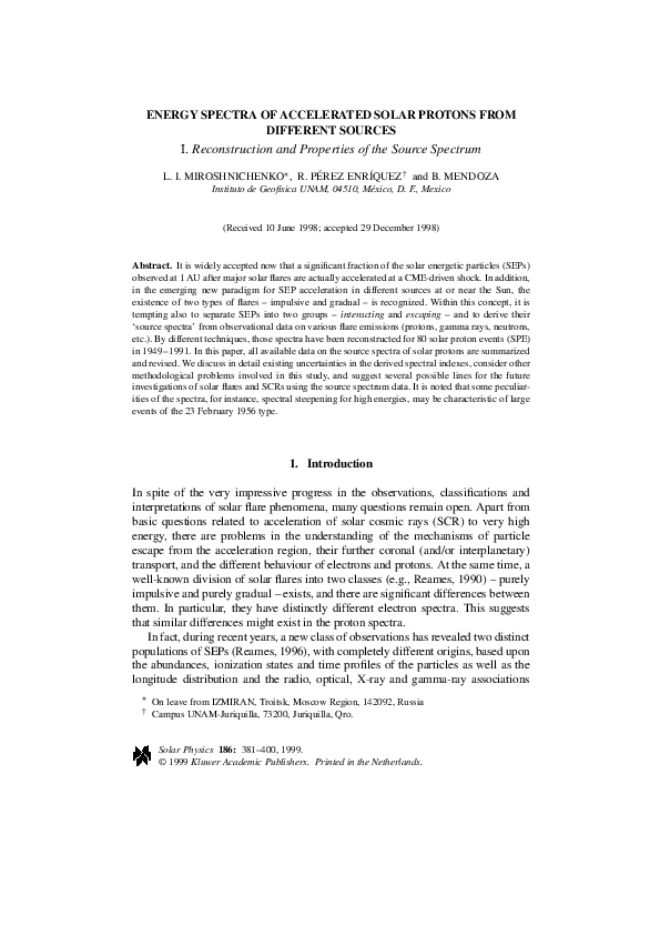 (PDF) Energy Spectra of Accelerated Solar Protons From Different ...