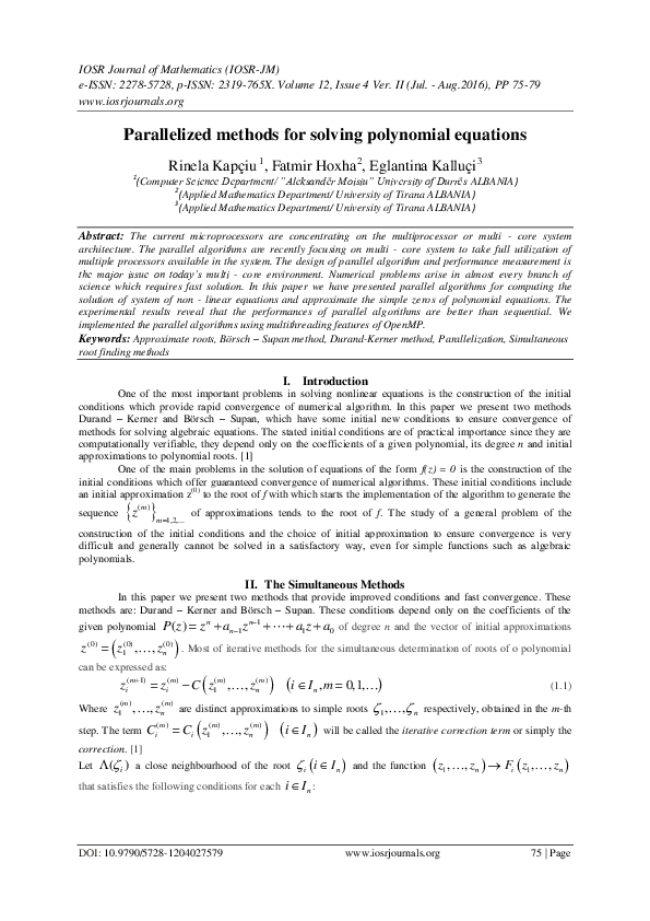 (PDF) Parallelized methods for solving polynomial equations