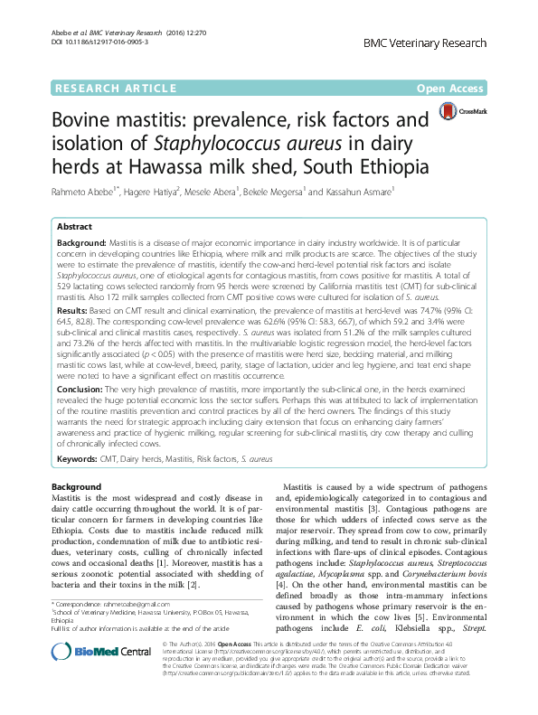 (PDF) Bovine mastitis: prevalence, risk factors and isolation of Staphylococcus aureus in dairy ...