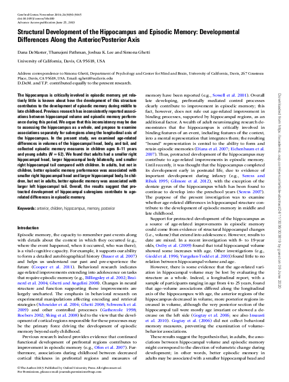 (PDF) Structural Development of the Hippocampus and Episodic Memory: Developmental Differences ...