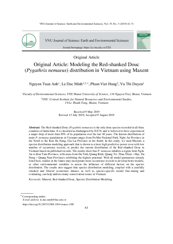 (PDF) Modeling the Red-shanked Douc (Pygathrix nemaeus) distribution in Vietnam using Maxent