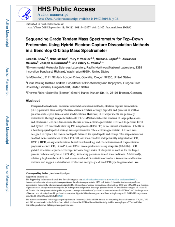 (PDF) Sequencing Grade Tandem Mass Spectrometry for Top–Down Proteomics ...
