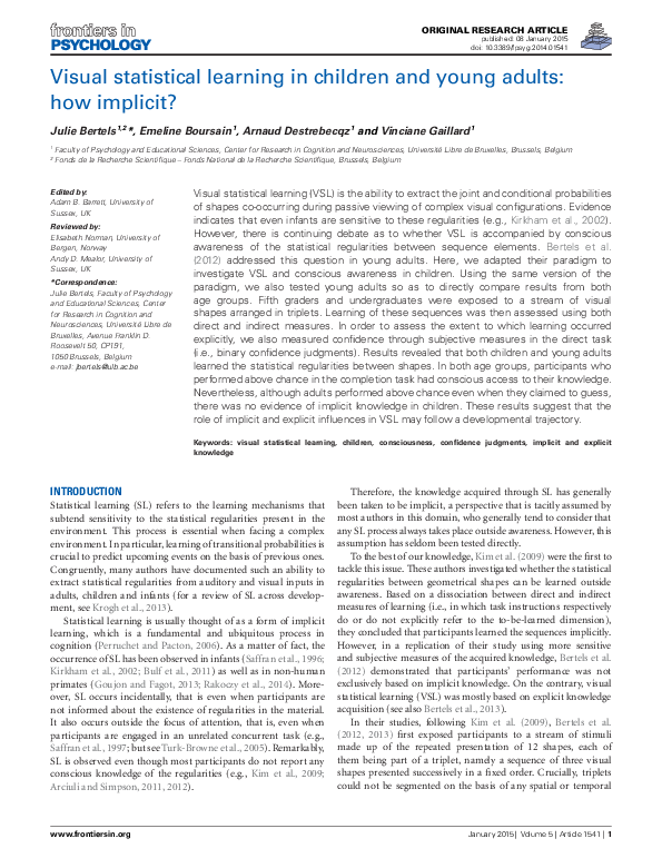 (PDF) Visual statistical learning in children and young adults: how implicit? | Arnaud ...