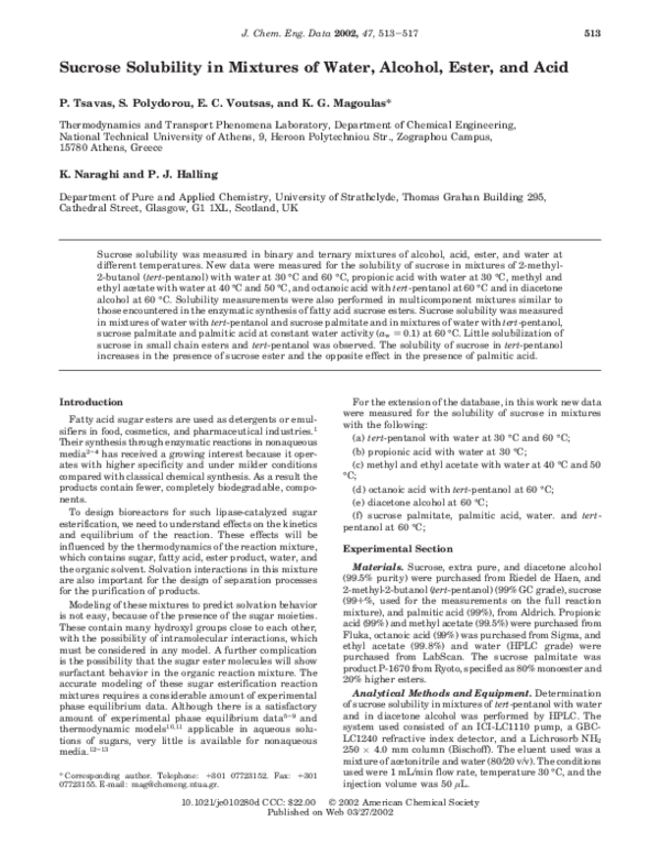 (PDF) Sucrose Solubility in Mixtures of Water, Alcohol, Ester, and Acid