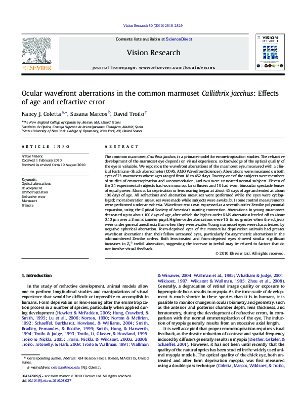 (PDF) Ocular wavefront aberrations in the common marmoset Callithrix jacchus: Effects of age and ...