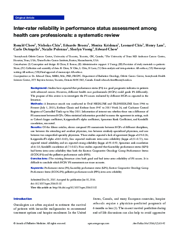 (PDF) Inter-rater reliability in performance status assessment among ...