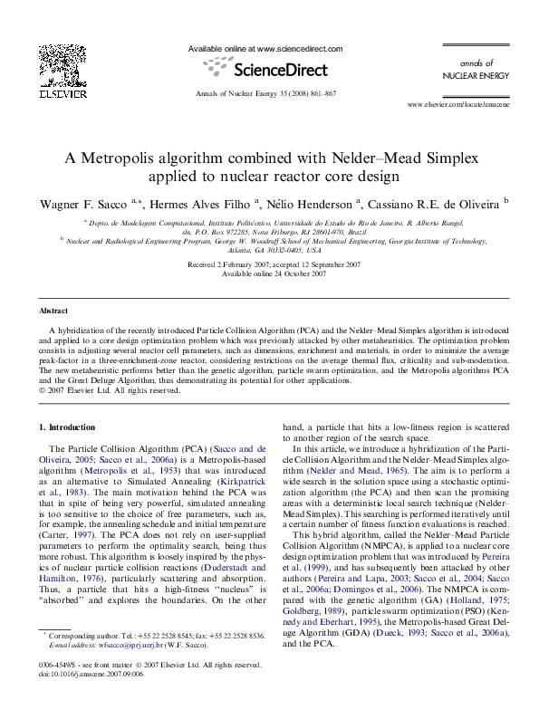 (PDF) A Metropolis algorithm combined with Nelder–Mead Simplex applied to nuclear reactor core ...