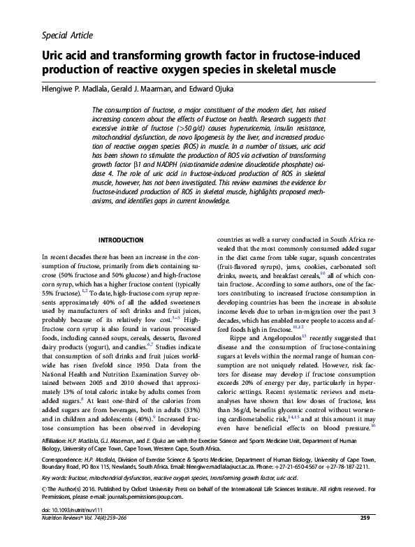 (PDF) Uric acid and transforming growth factor in fructose-induced production of reactive oxygen ...