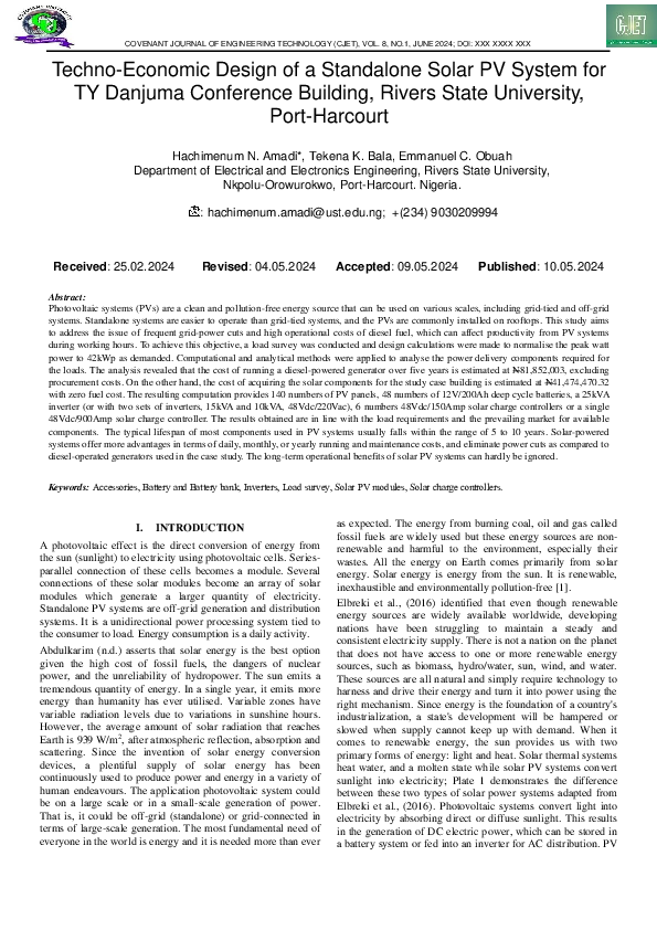 (PDF) Techno Economic Design of a Standalone Solar PV System for TY Danjuma Conference Building ...