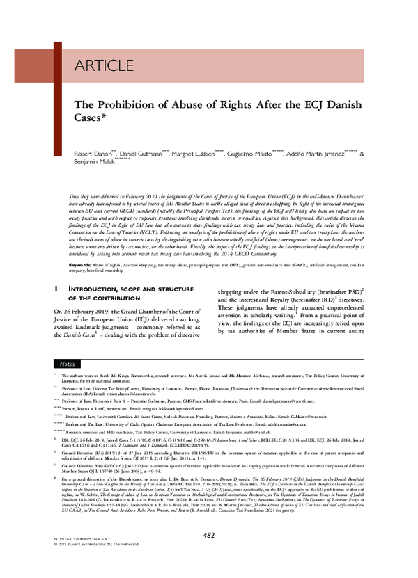 (PDF) The Prohibition of Abuse of Rights After the ECJ Danish Cases Robert Danon, Daniel Gutmann ...