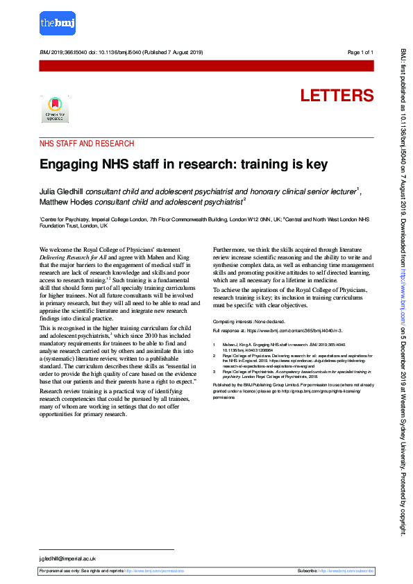 (PDF) Engaging NHS staff in research: training is key
