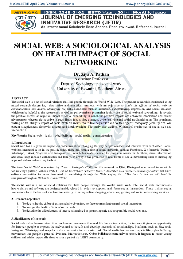 (PDF) SOCIAL WEB: A SOCIOLOGICAL ANALYSIS ON HEALTH IMPACT OF SOCIAL ...