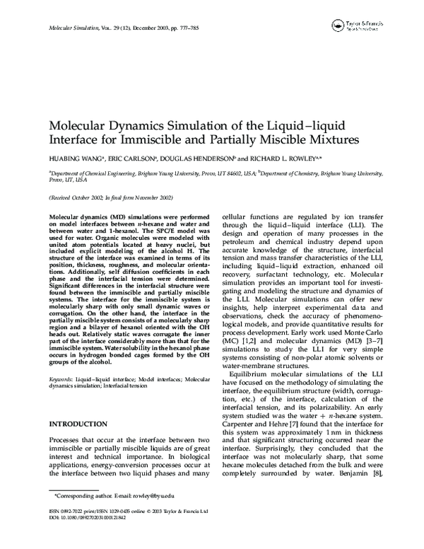 (PDF) Molecular Dynamics Simulation of a Liquid-Liquid Interface | Giovanni Ciccotti - Academia.edu