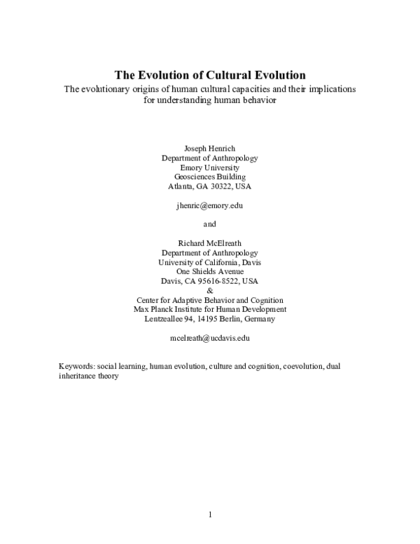 (PDF) The Evolution of Cultural Evolution The evolutionary origins of human cultural capacities ...