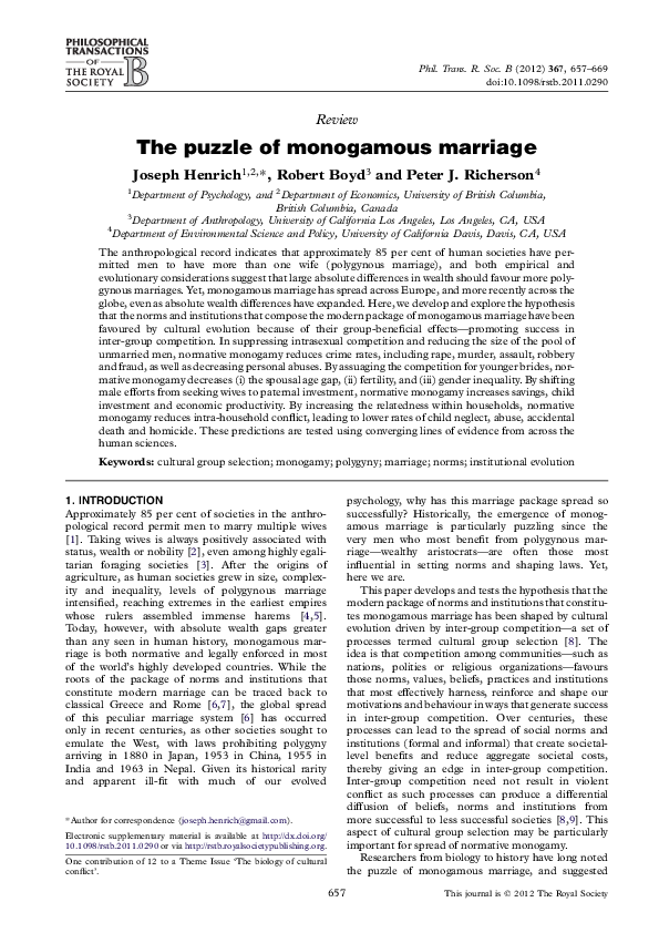 (PDF) The puzzle of monogamous marriage