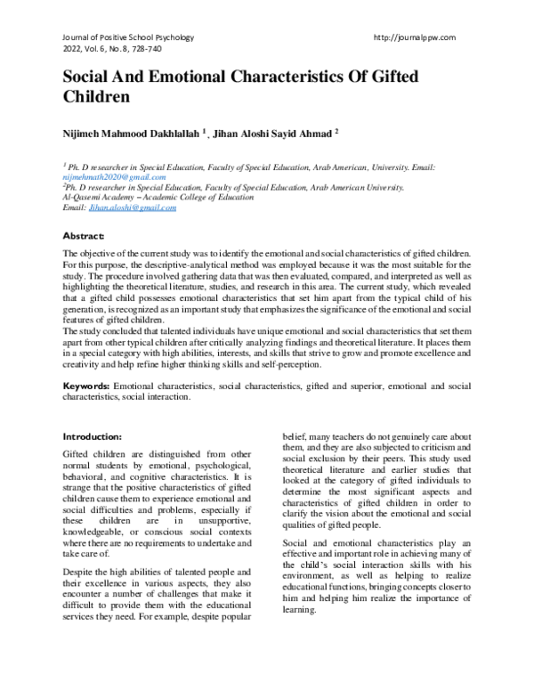 (PDF) Social And Emotional Characteristics Of Gifted Children
