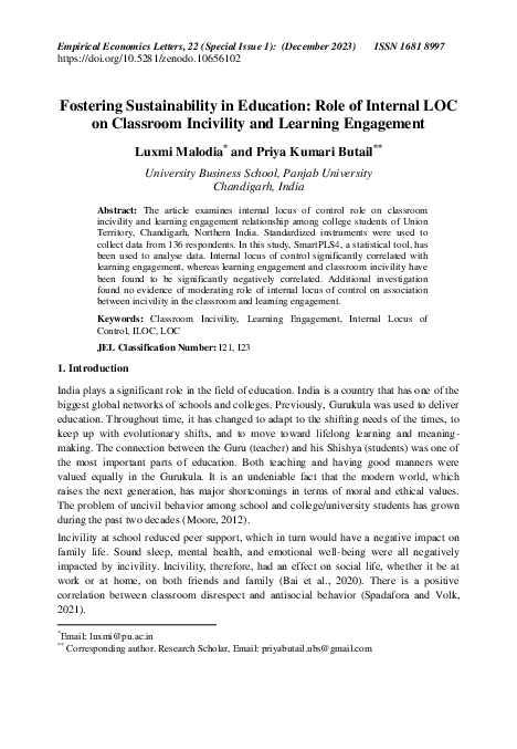 (PDF) Fostering Sustainability in Education: Role of Internal LOC on ...